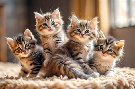 A Group Of Fluffy Kittens Playfully Tumbling Around In A Cozy Indoor