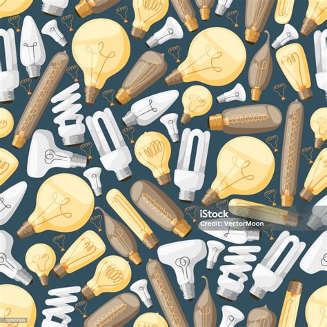 원활한 패턴 벡터 일러스트의 많은 다른 전구 현대 에너지 절약 유리 램프 포장지 디자인의 집합입니다 다양한 모양의 고립 된 전구