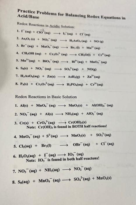 Solved Practice Problems For Balancing Redox Equations In