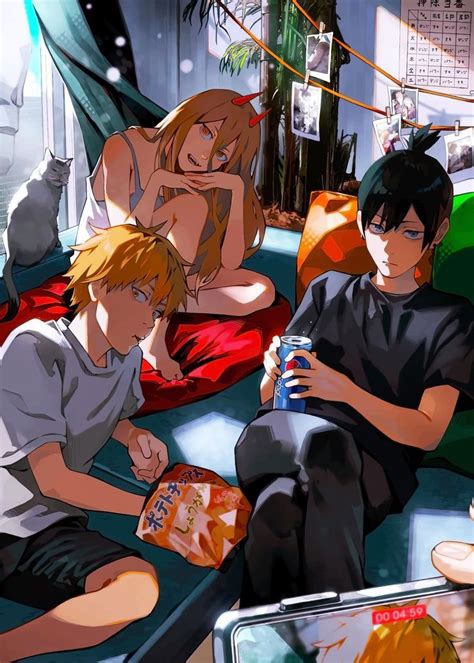 Denji Power Aki Team Poster Picture Metal Print Paint By Minimalist Armor Displate