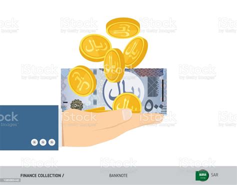 500 사우디아라비아 리얄 지폐와 동전을 손에의 손바닥에 평면 스타일 벡터 일러스트입니다 금융 개념입니다 500에 대한 스톡