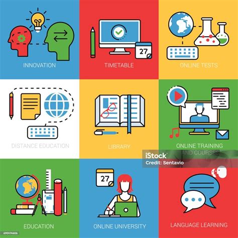 선형 평면 온라인 대학 교육 및 테스트 도서관 혁신 언어 학습 벡터 일러스트 레이 션 세트 지식과 교육 개념입니다 고정됨에 대한