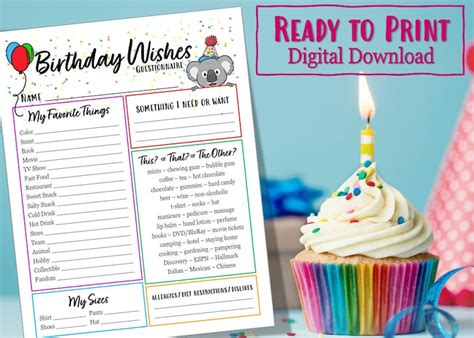 Printable Birthday Wishes Questionnaire Wish List Favorites List