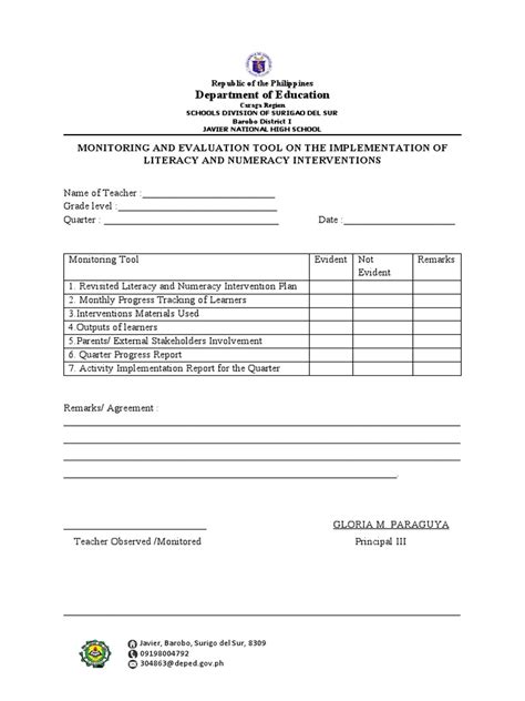 Monitoring Literacy And Numeracy Interventions A Quarterly Report From Javier National High