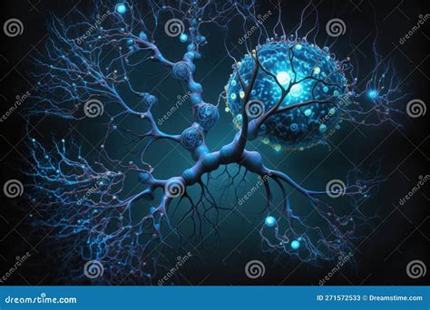 Microscopic Neuron Fractals With Blue Light Particles Generative Ai Stock Illustration