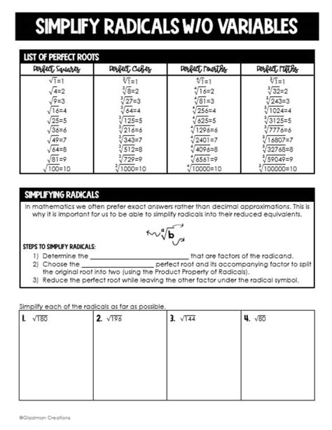 Simplifying Radicals Without Variables Algebra 2 Guided Notes Tpt