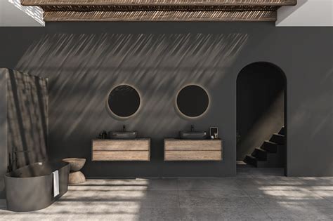 현대적인 미니멀리스트 욕실 인테리어 현대적인 욕실 캐비닛 더블 블랙 세면대 나무 화장대 인테리어 식물 욕실 액세서리 욕조 검은 벽 콘크리트 바닥 3d 렌더링 0명에 대한