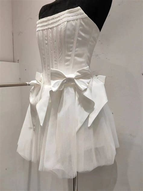 Strapless Satin Lace Up Corset Mini Dress Gown With Puffy Tulle Skirt