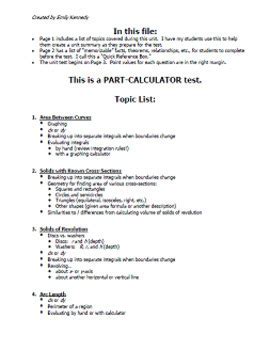 Calc BC Test Unit 8 Ver1 Area And Volume By Emily P K TpT