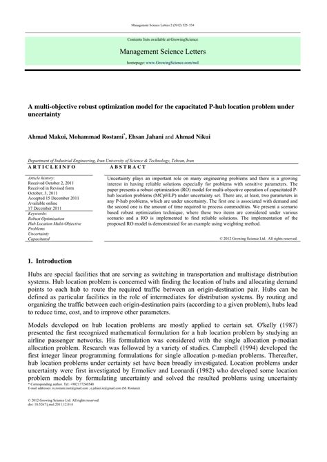 Pdf A Multi Objective Robust Optimization Model For The Capacitated P Hub Location Problem