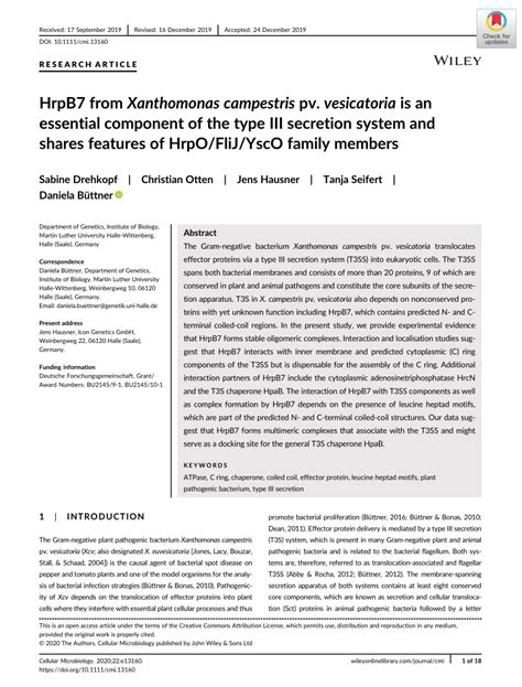 Pdf Hrpb7 From Xanthomonas Campestris Pv Vesicatoria Is An Essential