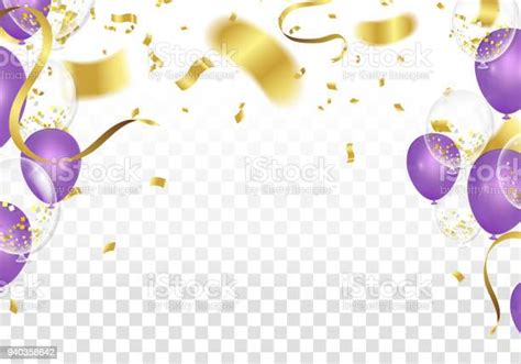 보라색 풍선와 색종이 색종이 곱슬 리본와 흰색 배경에 고립 위층에 풍선 파티 배경 일러스트 벡터 축 하 파티 Baloons의 3d 그림 보라색에 대한 스톡 벡터 아트 및