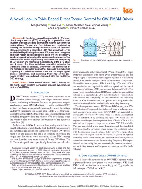 A Novel Lookup Table Based Direct Torque Control For Ow Pmsm Drives Pdf Flux Power Inverter