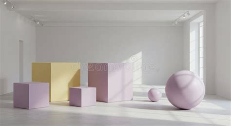 Minimalist Abstract Art Installation With Pastel Geometric Shapes Cubes And Spheres In A