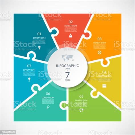 퍼즐 스타일의 인포그래픽 스퀘어 템플릿 7개의 부품 옵션이 있는 벡터 주기 다이어그램 7에 대한 스톡 벡터 아트 및 기타 이미지