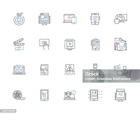 디지털 미디어 라인 아이콘 컬렉션입니다 멀티미디어 바이럴 인터페이스 상호 작용 애니메이션 알고리즘 게임 벡터 및 선형 일러스트레이션 데이터 인터페이스 스트리밍 개요 표지판
