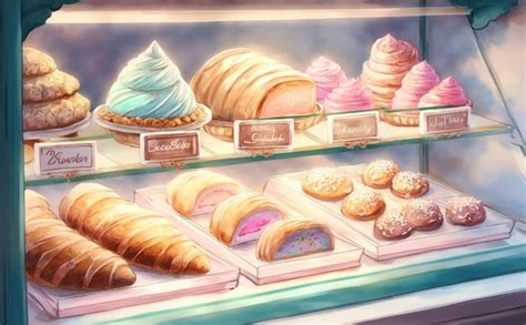 Premium Photo A Drawing Of A Bakery Display With Pastries And Pastries