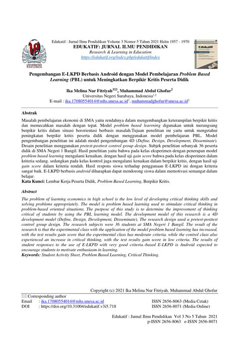 Pdf Pengembangan E Lkpd Berbasis Android Dengan Model Pembelajaran Problem Based Learning Pbl