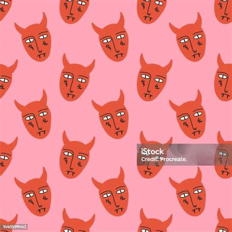 악마의 얼굴 벡터 원활한 패턴 인쇄 붉은 악마 패션 펑키 낙서 인쇄 다채로운 손으로 그린 만화 아이들 직물 표지 종이 등을