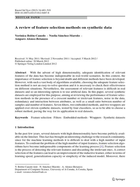 a review of feature selection methods on synthetic data download free