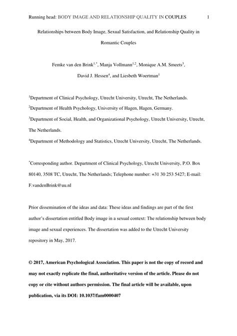 PDF Relationships Between Body Image Sexual Satisfaction And Relationship Quality In