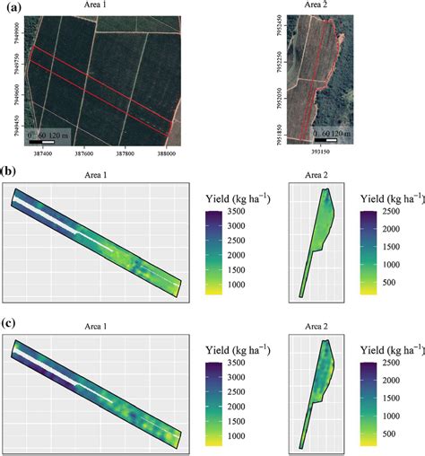A Study Areas 1 And 2 And B Yield Maps Estimated By The Yield Monitor Download Scientific