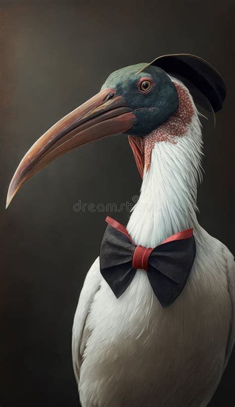 Realistic Portrait Illustration Art Showcasing Cute Ibis Wearing Bow