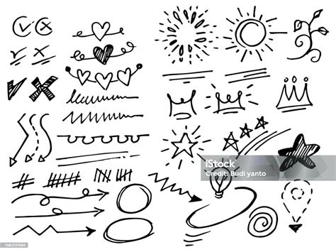 손으로 그린 낙서 벡터 디자인 요소 세트입니다 불꽃 놀이 급습 소용돌이 화살표 심장 사랑 크라운 꽃 별 별 버스트 리본