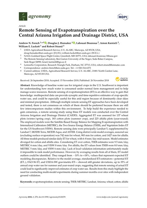 Pdf Remote Sensing Of Evapotranspiration Over The Central Arizona
