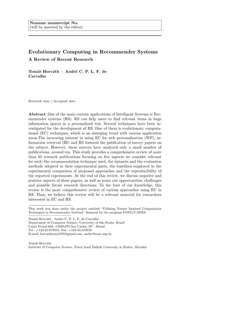 Pdf Evolutionary Computing In Recommender Systems A Review Of Recent Research