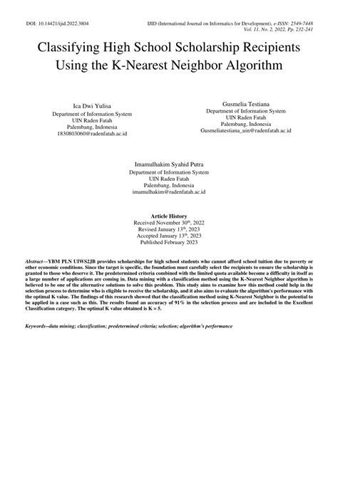 Pdf Classifying High School Scholarship Recipients Using The K Nearest Neighbor Algorithm