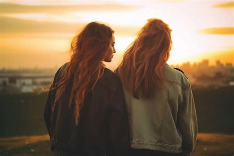 Premium Ai Image Rear Back View Of Girlfriends Enjoying The Sunset