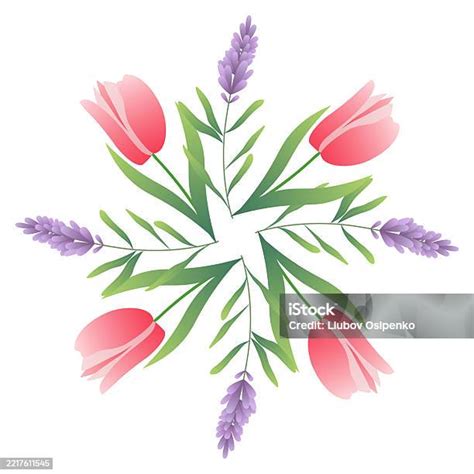 라벤더와 튤립을 포함한 장식적인 꽃 요소가 있는 원형 녹색 프레임 카드 배너 및 초대장에 이상적인 추상적인 식물 벡터 아트웍 0명에 대한 스톡 벡터 아트 및 기타 이미지