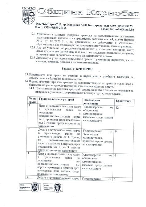 Правила за прием на ученици в 1 ви клас Община Карнобат