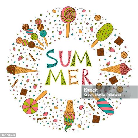 아이스크림 장식과 여름 글자 와플 콘 쿠키 초콜릿 딸기 체리 여러 가지 빛깔의 드래그에 아이스캔디와 아이스크림 프레임 Popsicle Stick에 대한 스톡 벡터 아트 및