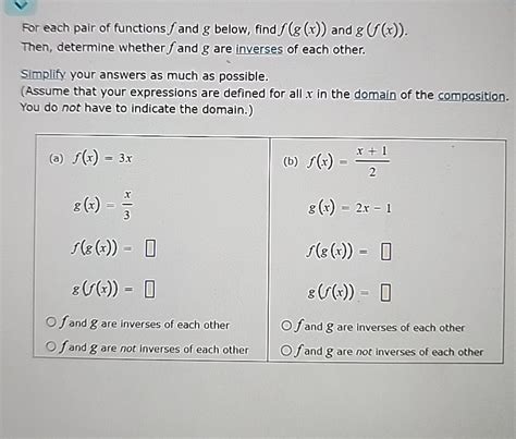 Solved For Each Pair Of Functionsf And G Below Findfg