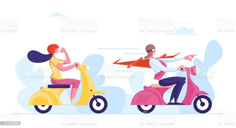 비즈니스 사람들 남성과 여성 문자 스쿠터를 타고 여자는 빨간 슈퍼 영웅 망토에 남자를 따라 리더십 레이싱 챌린지 사무직 근로자 모터 바이크 대회 만화 벡터 일러스트레이션