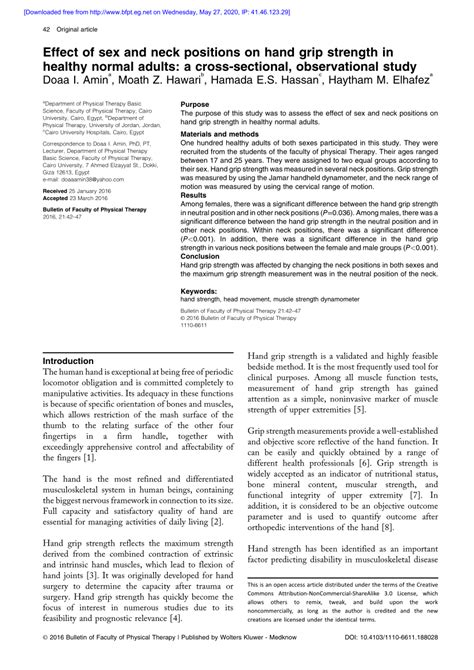 PDF Effect Of Sex And Neck Positions On Hand Grip Strength In Healthy Normal Adults A Cross