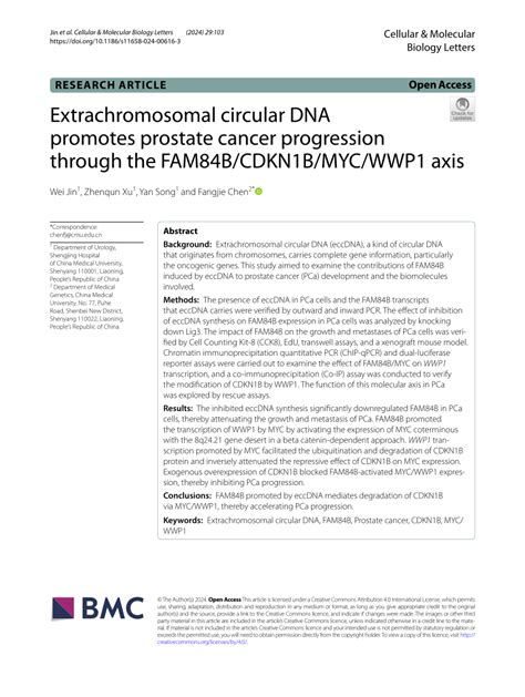 Pdf Extrachromosomal Circular Dna Promotes Prostate Cancer Progression Through The Fam84b