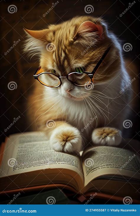 Cute Cat With Glasses Reading A Book Ai Genarated Stock Image Image