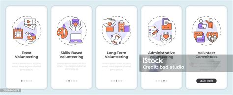 Types Of Volunteering Onboarding Mobile App Screen Stock Illustration