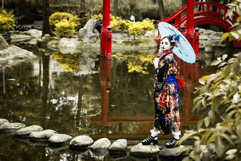 게이샤 스타일 경치가 좋은 계절 고요한 공원 기모노 꽃 무늬 독특한 복장 동양 메이크업 모델 문화 바위 반사 봄 사쿠라 패턴 선 가든 수직