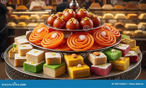 Indian Sweets Gulab Jamun Jalebi Barfi Traditional Desserts Stock