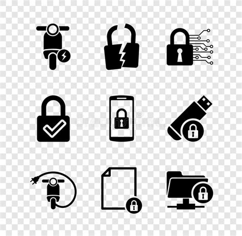 Set Electric Scooter Broken Or Cracked Lock Cyber Security Document And And Ftp Folder Icon