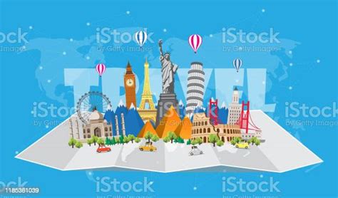세계로 여행 여행 세계의 유명한 랜드 마크의 큰 세트 여행 관광 여름 휴가 시간입니다 여행의 다른 유형 플랫 디자인 벡터