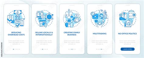Working From Home Benefits Blue Onboarding Mobile App Screen Walkthrough 5 Steps Editable