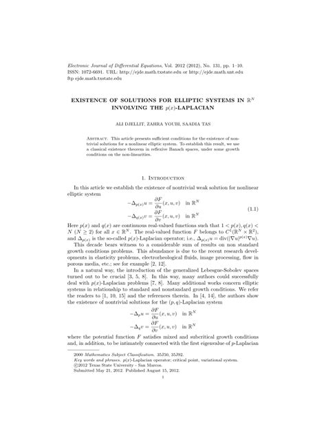 Pdf Existence Of Solutions For Elliptic Systems In ℝ N Involving The Px Laplacian