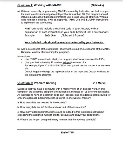 Solved Question Working With MARIE Marks A Write An Chegg