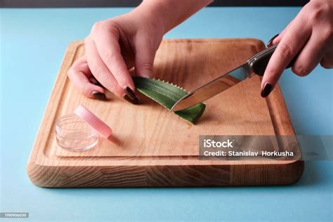 분홍색 모자 파란색 배경이있는 열린 빈 상자 옆에 칼로 알로에 베라 슬라이스를 자르기 건강관리와 의술에 대한 스톡 사진 및 기타 이미지 건강관리와 의술 건조한 꽃