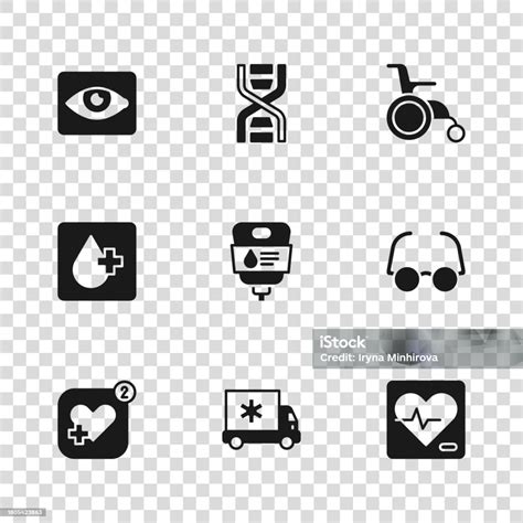 구급차 안경 심박수 Iv 가방 장애인용 휠체어 적목 현상 Dna 기호 및 혈액 검사 아이콘을 설정합니다 벡터 Dna에 대한 스톡 벡터 아트 및 기타 이미지 Istock